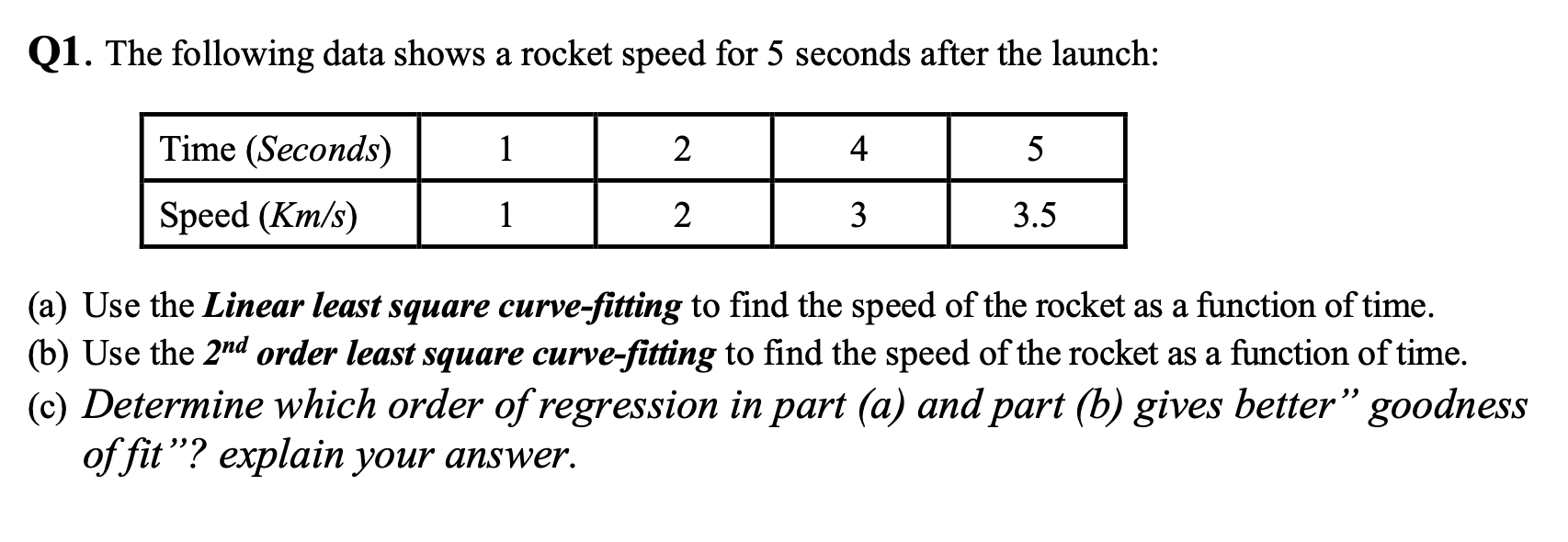 Solved Q1. The following data shows a rocket speed for 5 | Chegg.com