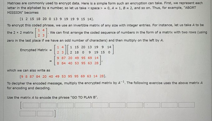 Solved Matrices are commonly used to encrypt data. Here is a | Chegg.com