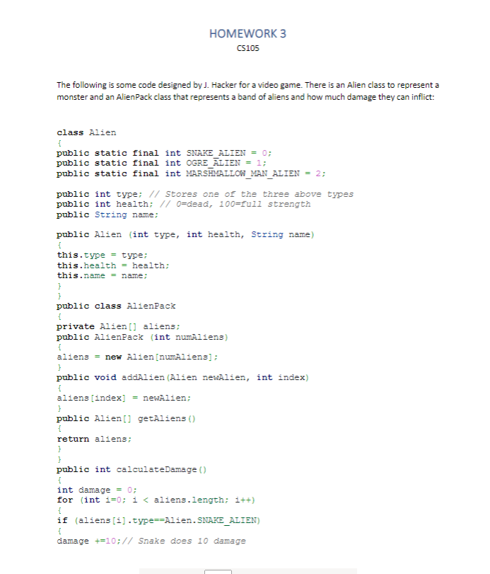 Solved HOMEWORK 3 C5105 The following is some code designed | Chegg.com