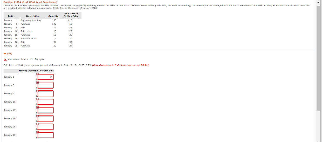 Solved Problem 6-08A a1-a2 (Part Level Submission) Oriole | Chegg.com