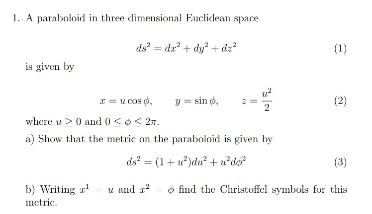 Solved 1. A paraboloid in three dimensional Euclidean space | Chegg.com