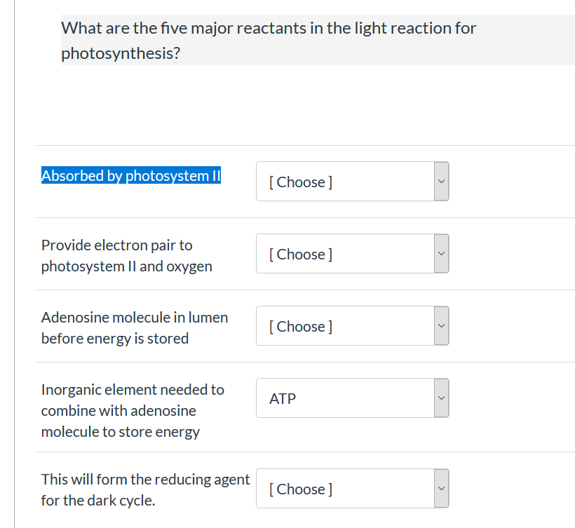Solved The options are like that ATP, NADPH, Pi, ADP , H20, | Chegg.com