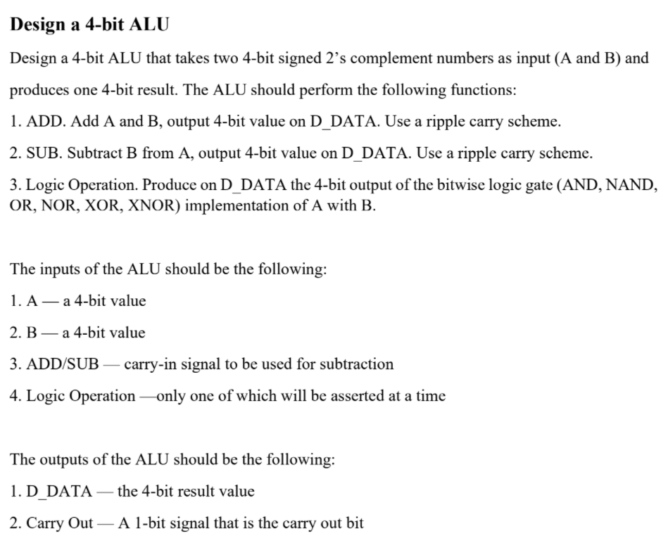 Solved Design a 4-bit ALU Design a 4-bit ALU that takes two | Chegg.com