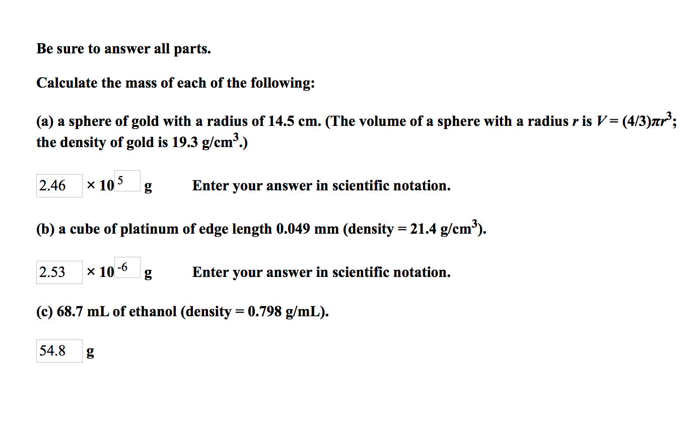 Solved Be sure to answer all parts. Calculate the mass of | Chegg.com