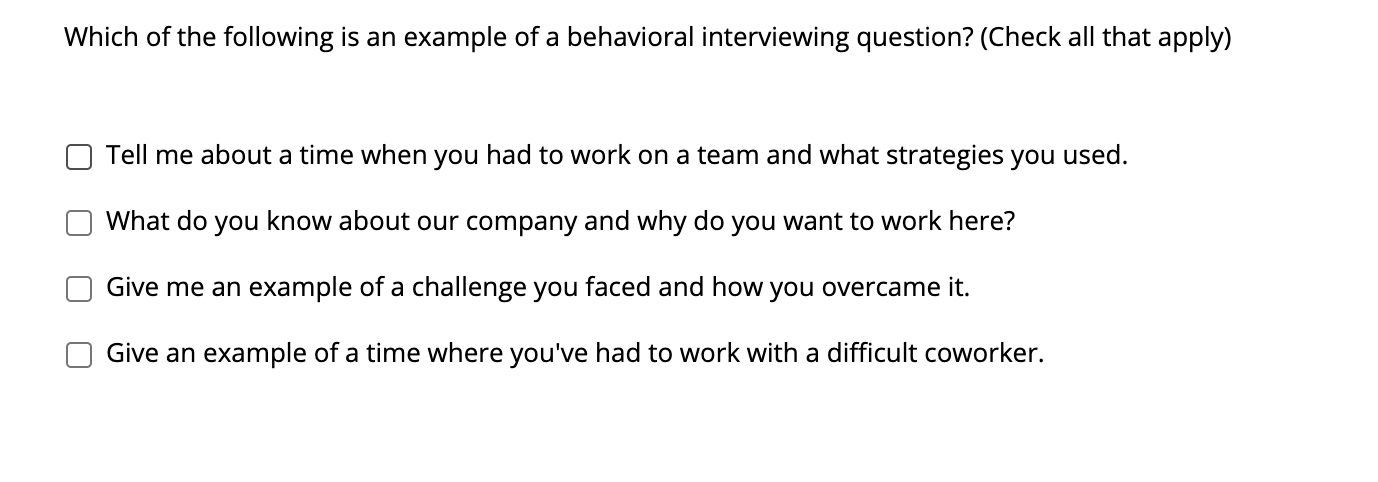 Solved Which of the following is an example of a behavioral | Chegg.com