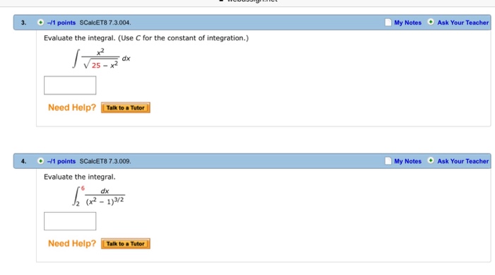 Solved 3. O -1 points scalcET8 7.3.004. Evaluate the | Chegg.com