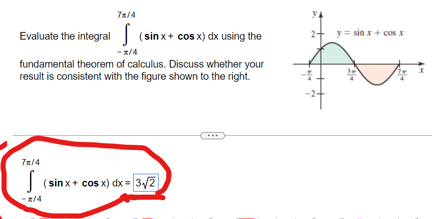 Solved Evaluate the integral ∫−π/47π/4(sinx+cosx)dx using | Chegg.com