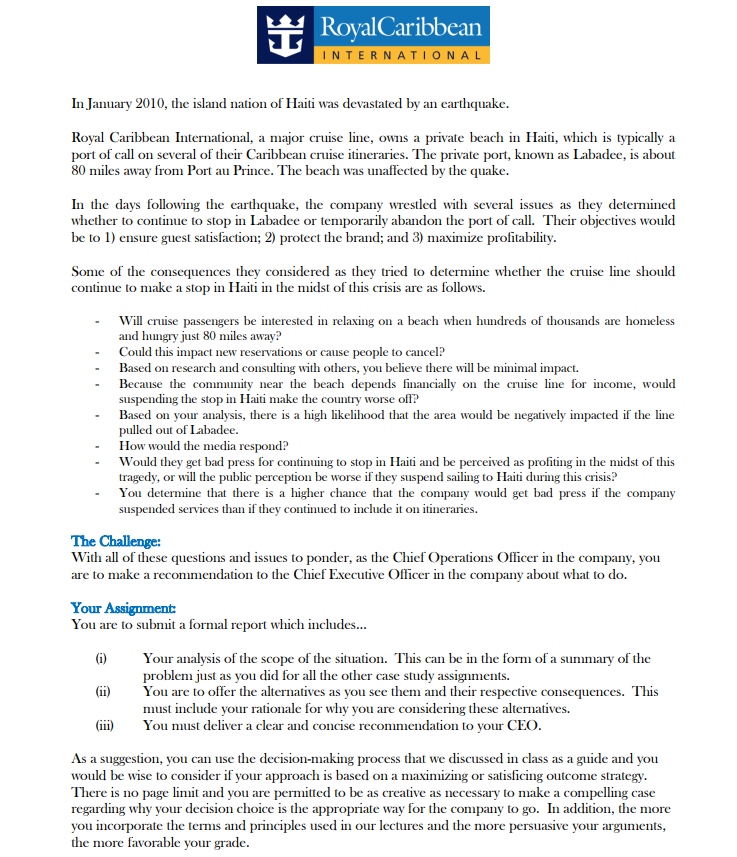 党 RoyalCaribbean INTERNATIONAL In January 2010, the | Chegg.com