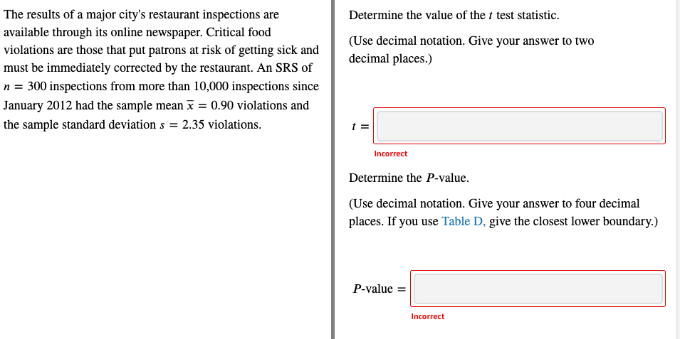Solved The results of a major city's restaurant inspections | Chegg.com