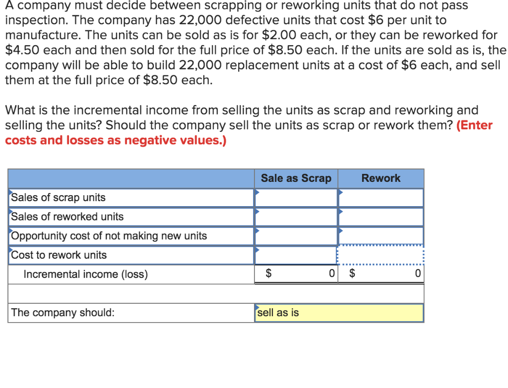 Solved A company must decide between scrapping or reworking | Chegg.com