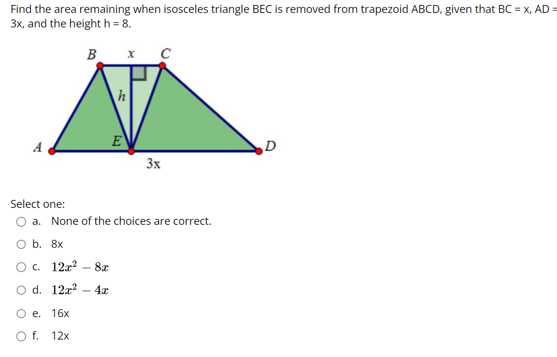 Solved Find the area remaining when isosceles triangle BEC | Chegg.com