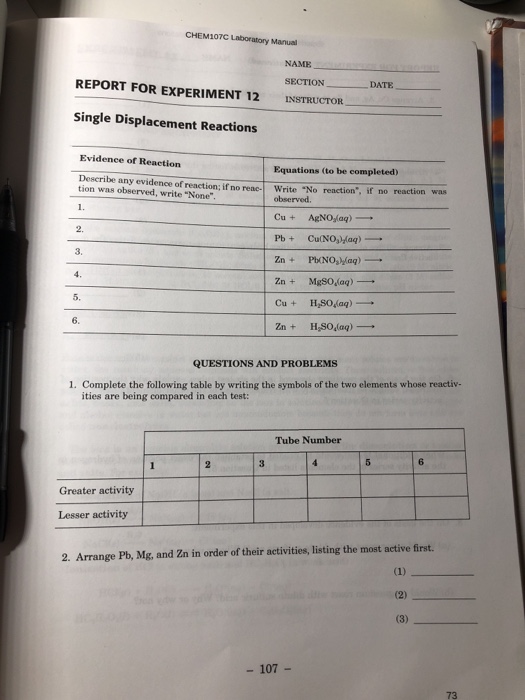 Solved CHEM107C Laboratory Manual NAME SECTION INSTRUCTOR | Chegg.com