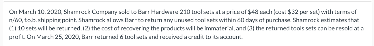 Solved On March 10, 2020, Shamrock Company sold to Barr | Chegg.com