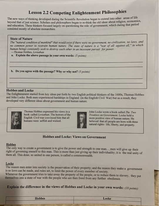 Solved Lesson 2.2 Competing Enlightenment Philosophies The | Chegg.com