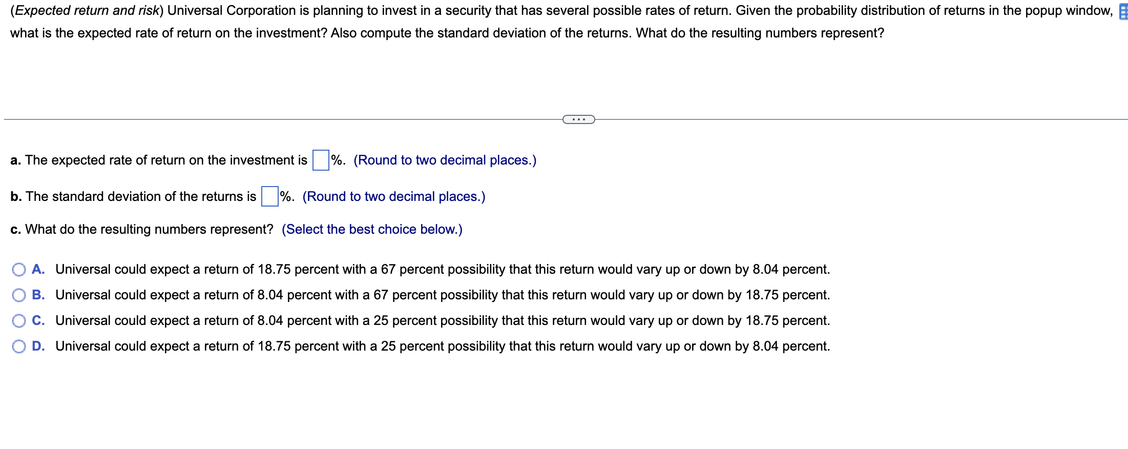 Solved (Expected return and risk) Universal Corporation is | Chegg.com