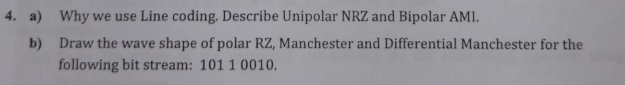 Solved 4. a) Why we use Line coding. Describe Unipolar NRZ | Chegg.com