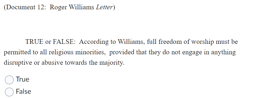 (Document 12: Roger Williams Letter) TRUE or FALSE: | Chegg.com