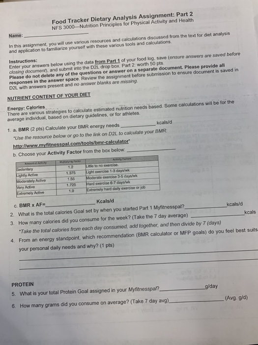 Solved Food Tracker Dietary Analysis Assignment: Part 2 NFS | Chegg.com