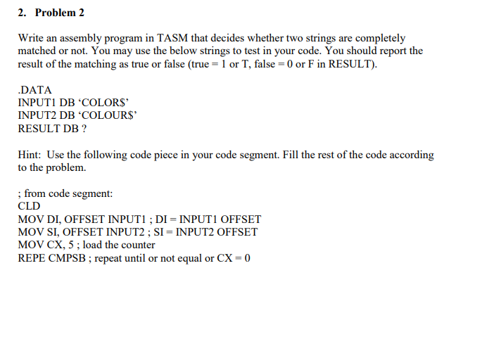Solved 2 Problem 2 Write An Assembly Program In Tasm That 