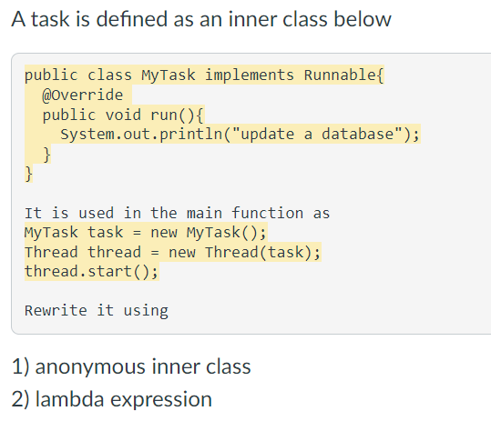 Solved A task is defined as an inner class below public | Chegg.com