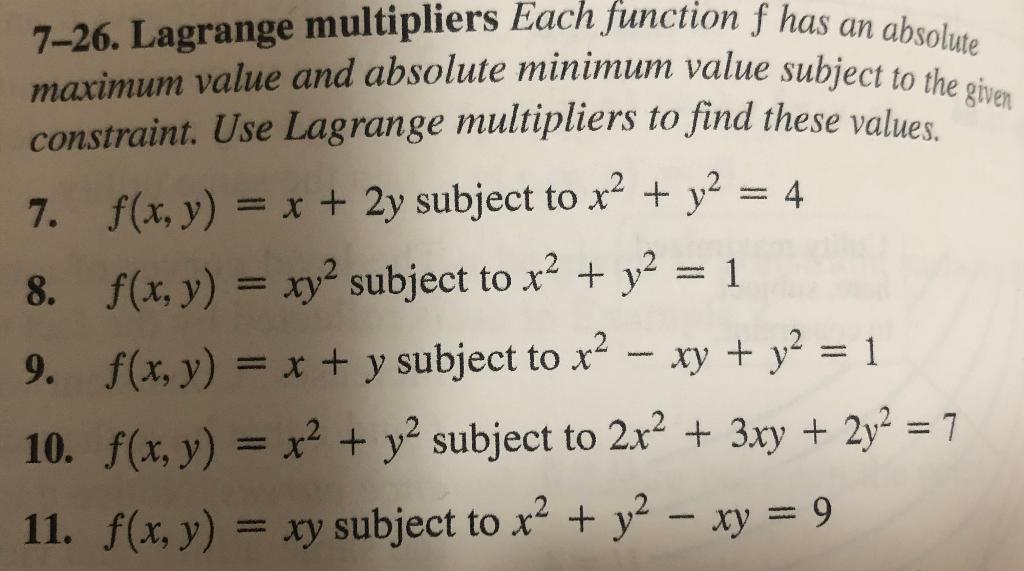 Solved 7-26. Lagrange multipliers Each function f has an | Chegg.com