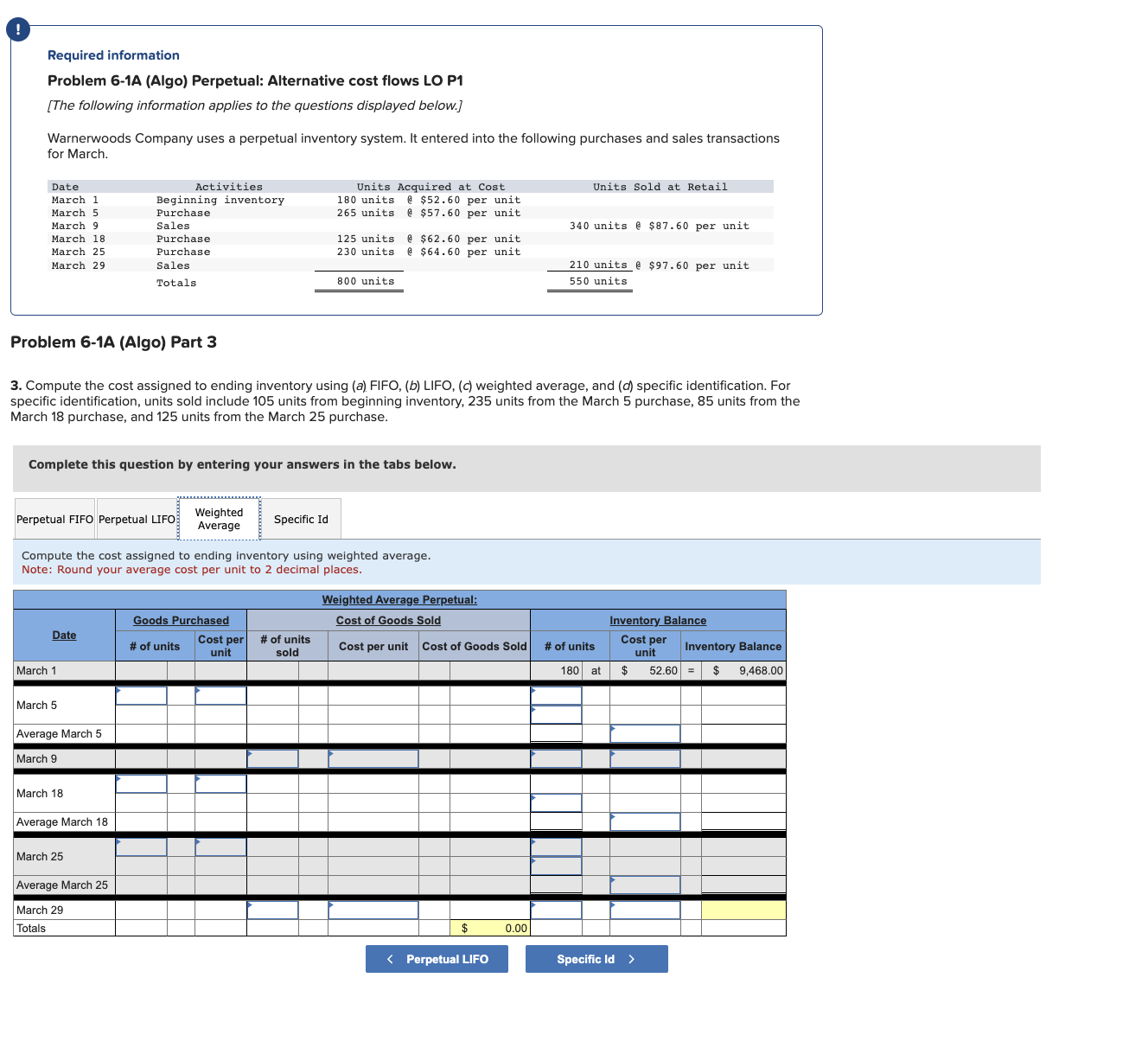 Solved Required information Problem 6-1A (Algo) Perpetual: | Chegg.com