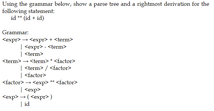 Solved Using the grammar below, show a parse tree and a | Chegg.com