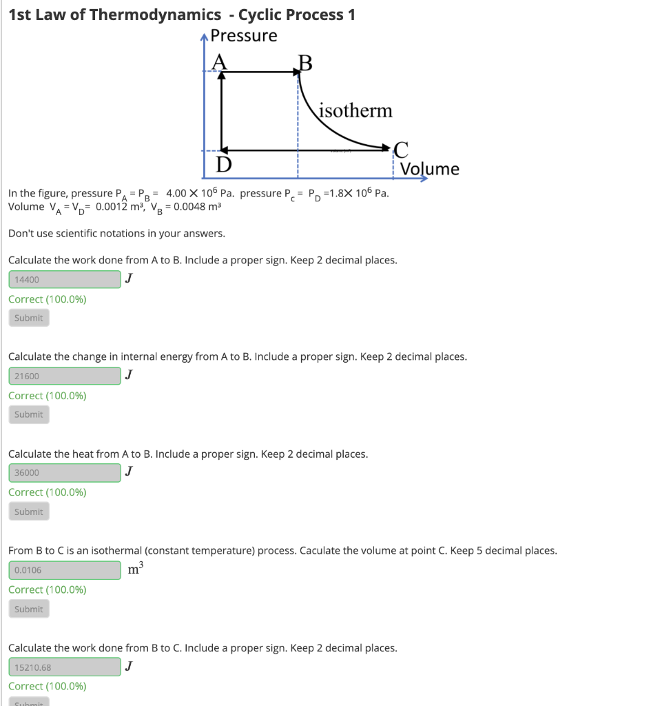 Solved 1st Law of Thermodynamics - Cyclic Process 1 Pressure | Chegg.com