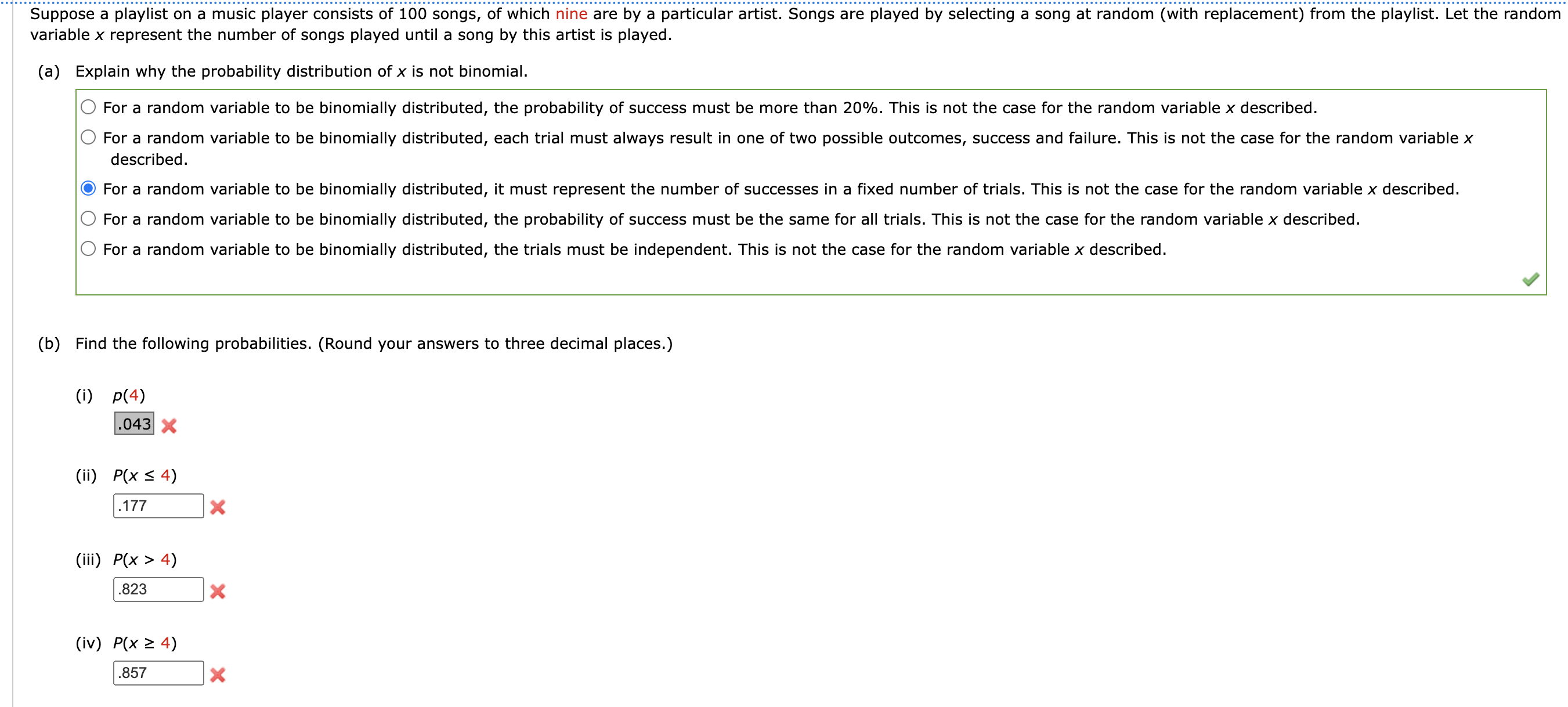 Solved variable x ﻿represent the number of songs played | Chegg.com