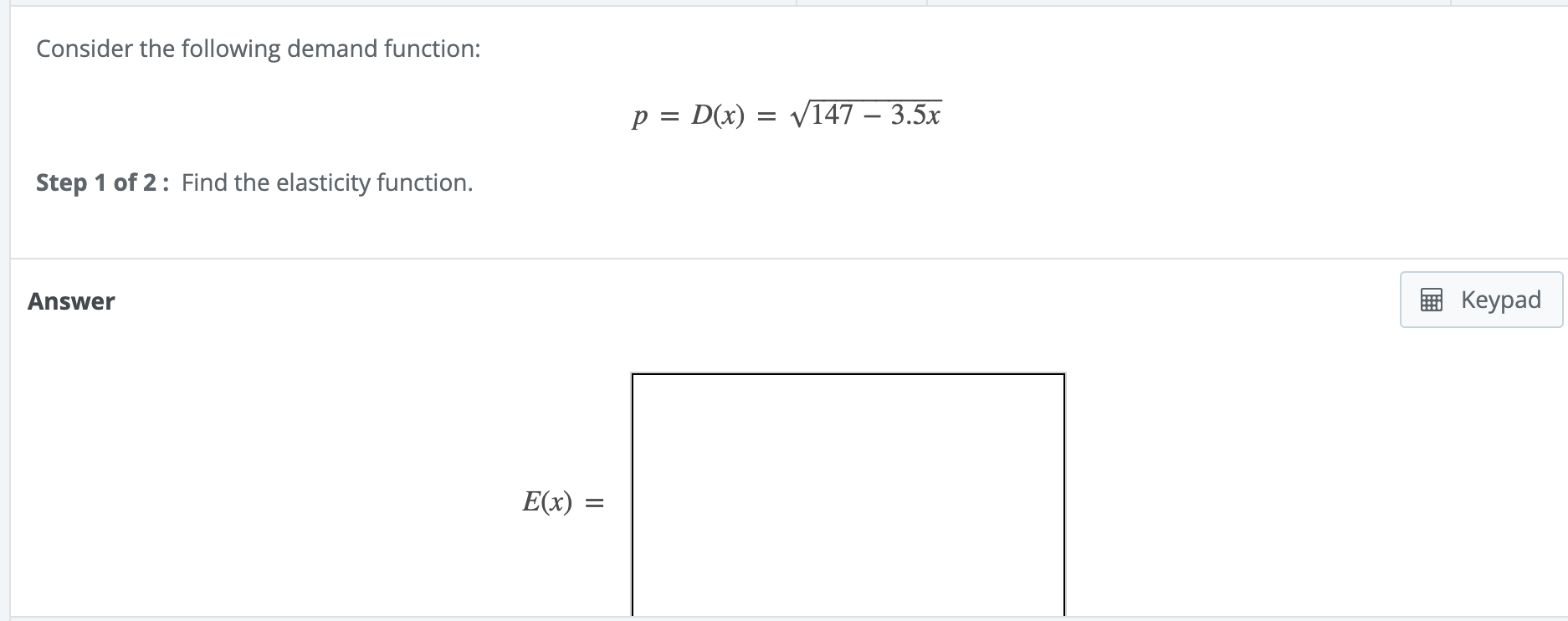Solved Consider the following demand function: p = D(x) = | Chegg.com