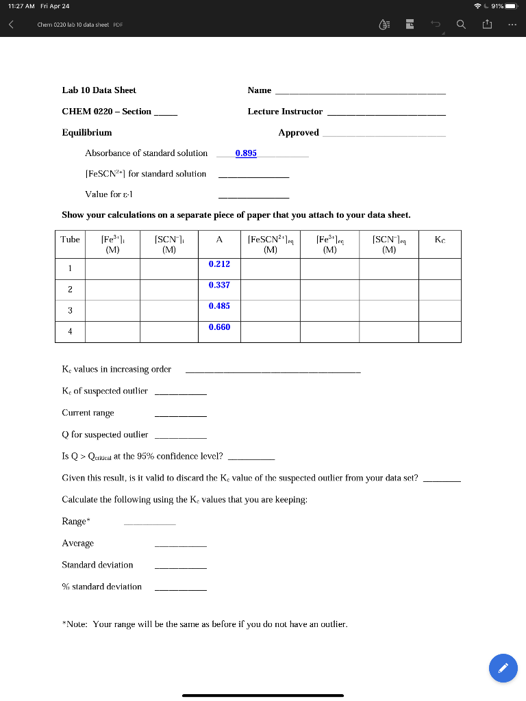 11:27 AM Fri Apr 24 91% Chem 0220 lab 10 data sheet | Chegg.com