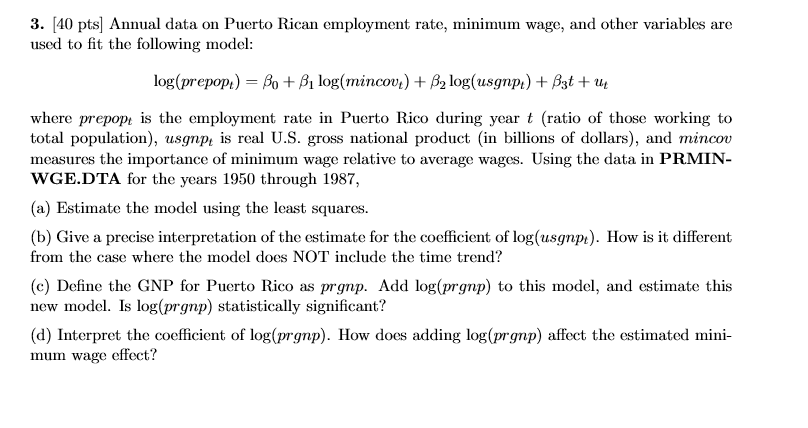 3. [40 pts] Annual data on Puerto Rican employment | Chegg.com