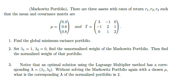 (Markowitz Portfolio). There are three assets with | Chegg.com