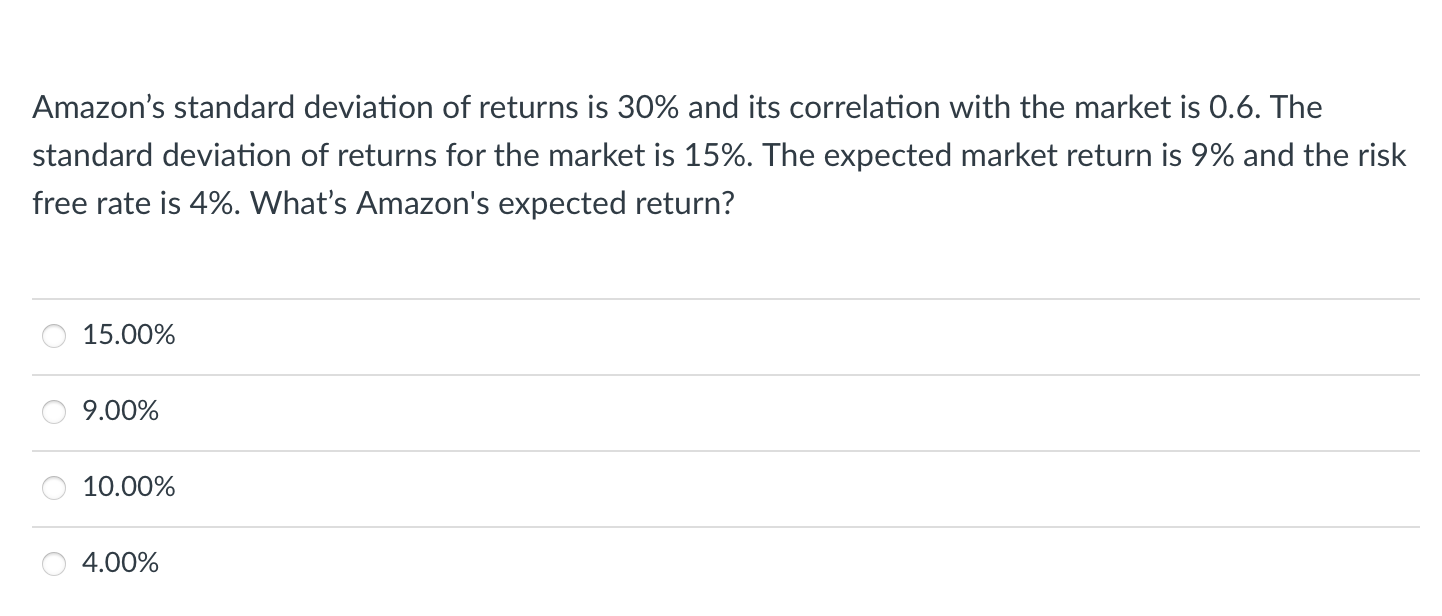 Solved Amazon's standard deviation of returns is 30% and its | Chegg.com