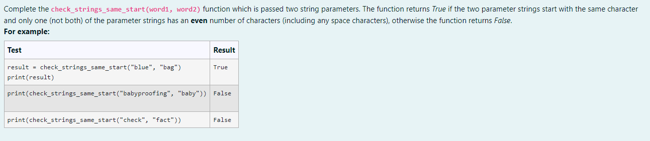 Solved Complete the check_strings_same_start(word1, word2) | Chegg.com