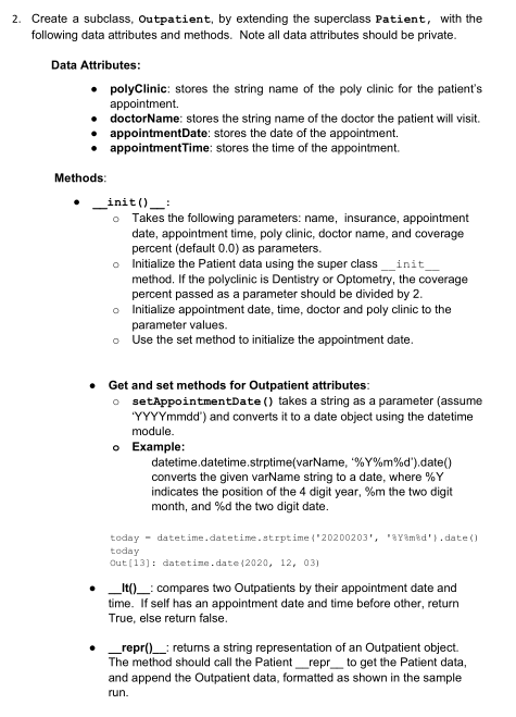 Solved 2. Create a subclass, Outpatient, by extending the | Chegg.com