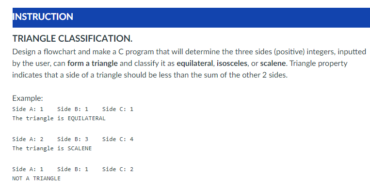 Solved INSTRUCTION TRIANGLE CLASSIFICATION. Design a | Chegg.com