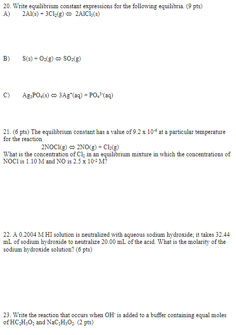 Solved 20. Write equilibrium constant expressions for the | Chegg.com