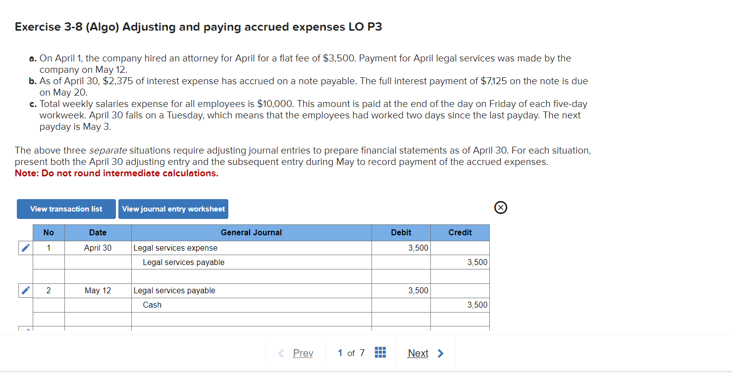 Solved Exercise 3-8 (Algo) Adjusting and paying accrued | Chegg.com