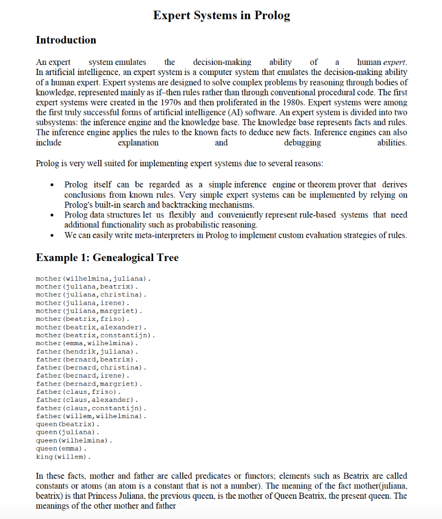 Solved Expert Systems in Prolog Introduction a An expert | Chegg.com