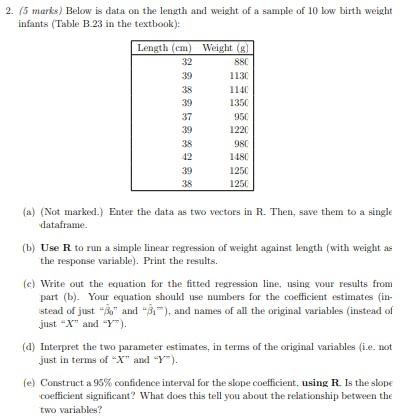 Solved 2. (5 marks) Below is data on the length and weight | Chegg.com
