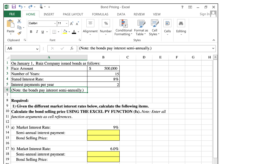 Solved xD 5. Bond Pricing - Excel ? FILE HOME INSERT PAGE | Chegg.com