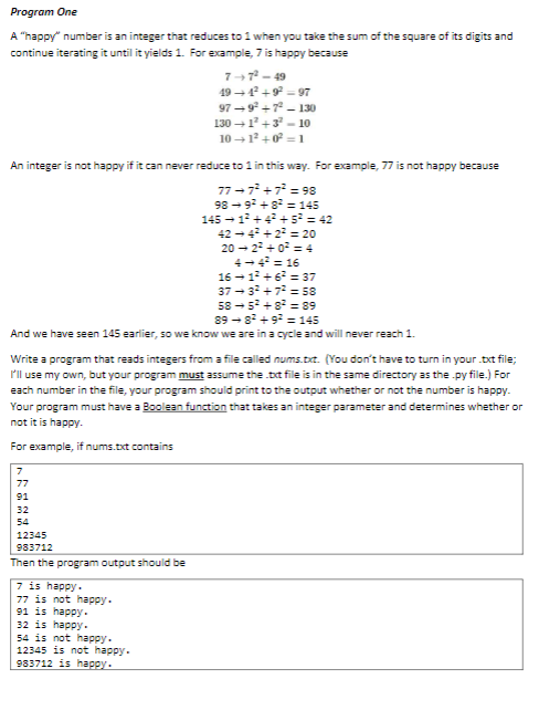 Solved Program One A "happy" number is an integer that | Chegg.com