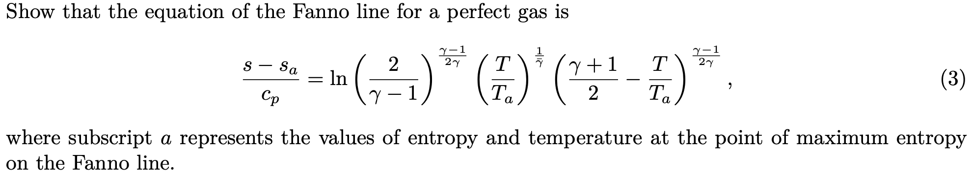 Solved Show that the equation of the Fanno line for a | Chegg.com