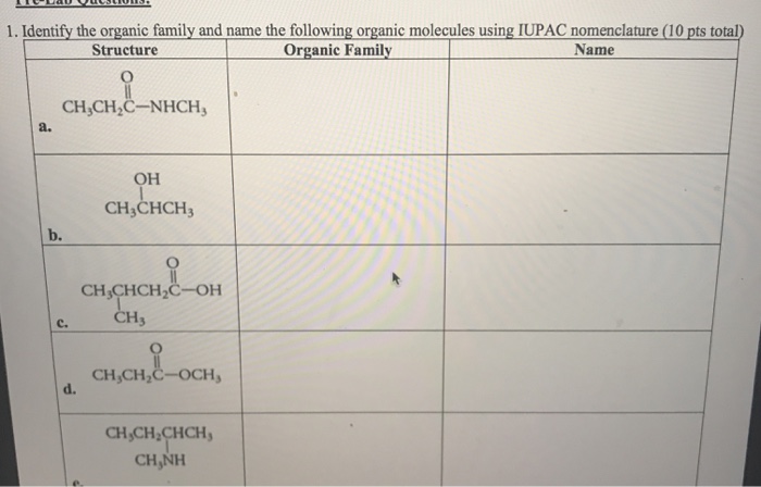 Solved 1. Identify the organic family and name the following | Chegg.com