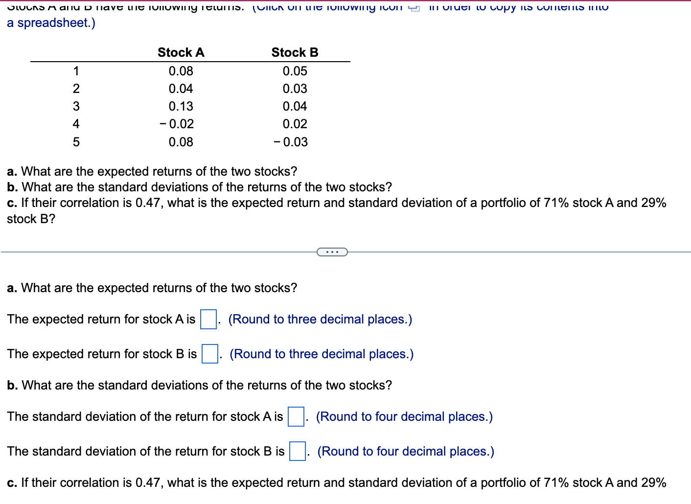 Solved a spreadsheet.) a. What are the expected returns of | Chegg.com