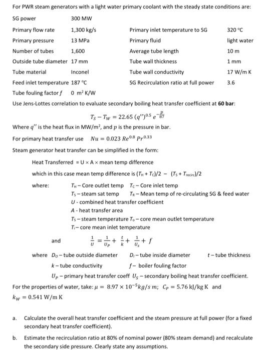Solved For PWR steam generators with a light water primary | Chegg.com