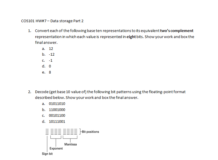 Solved COS101 HW#7 - Data storage Part 2 1. Convert each of | Chegg.com