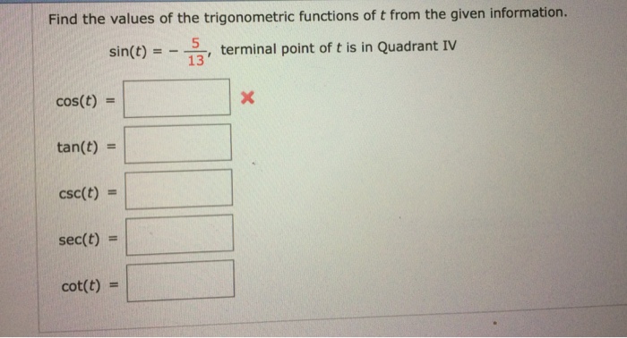 Solved Find the values of the trigonometric functions of t | Chegg.com