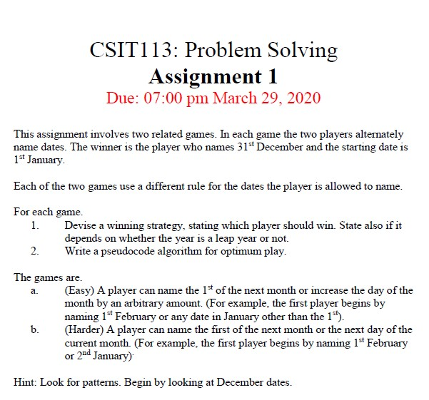 Solved CSIT113: Problem Solving Assignment 1 Due: 07:00 pm | Chegg.com